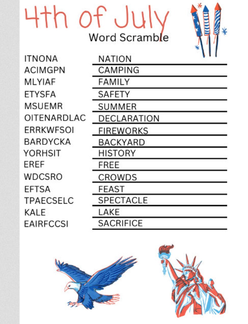4th of July Word Scrambles and Word Searches, Printable Activities and ...