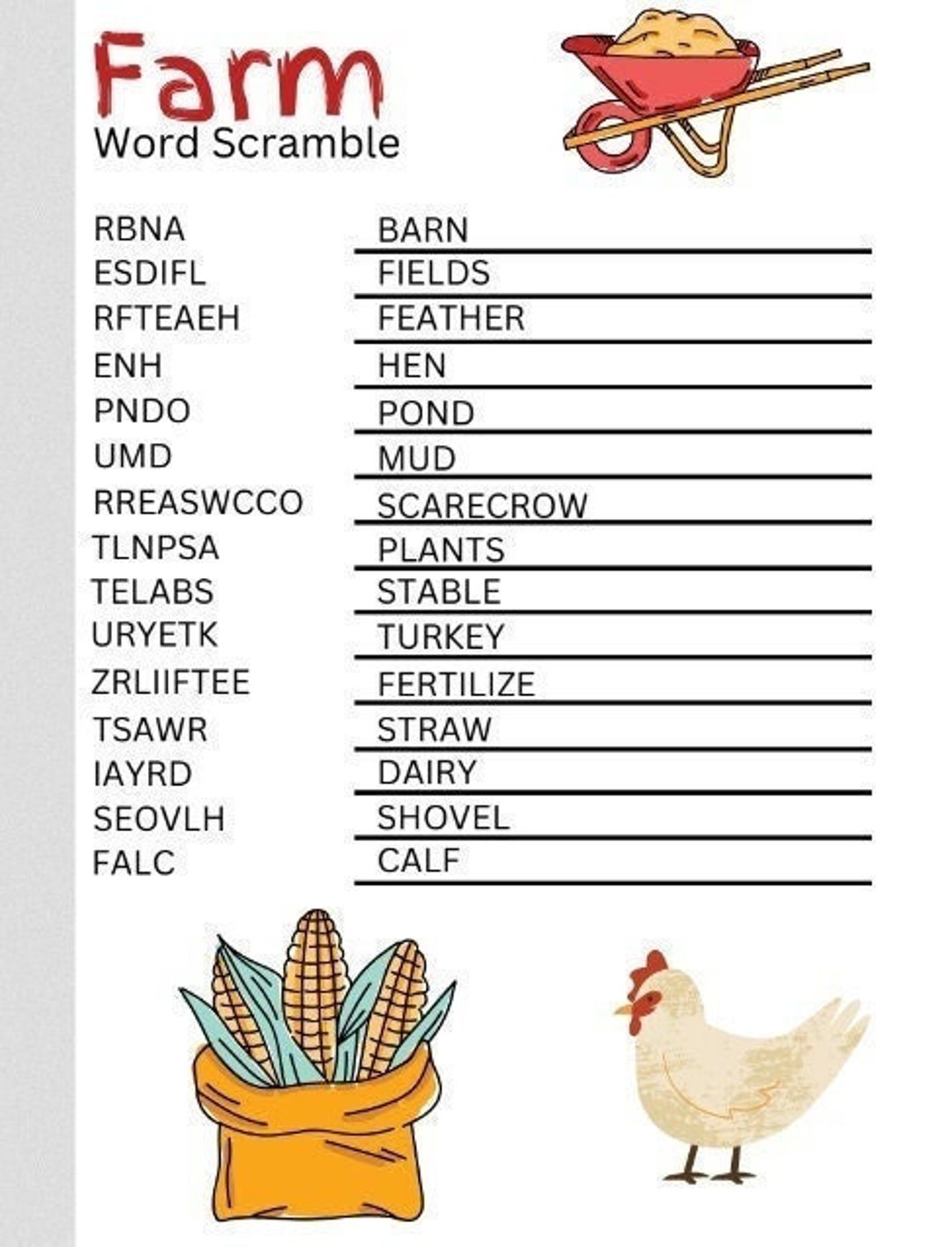 Farm Word Scrambles and Word Searches, Printable Activities and Games ...