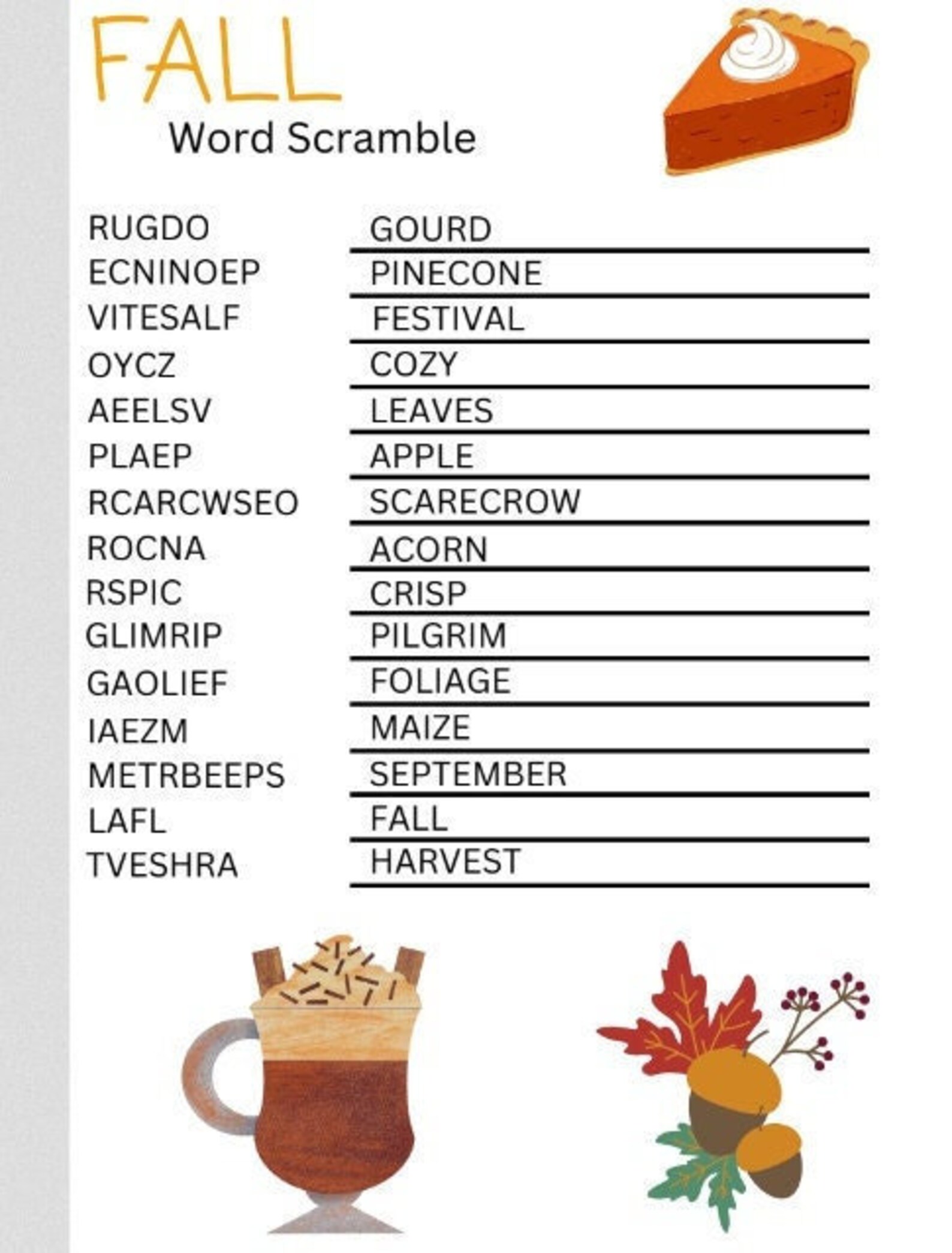 Fall Word Scrambles and Word Searches, Printable Activities and Games ...