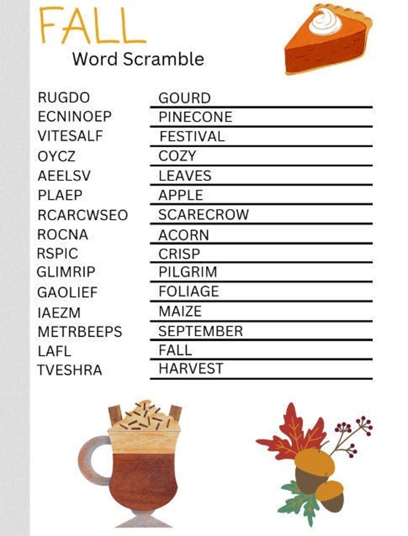 Fall Word Scrambles and Word Searches, Printable Activities and Games ...