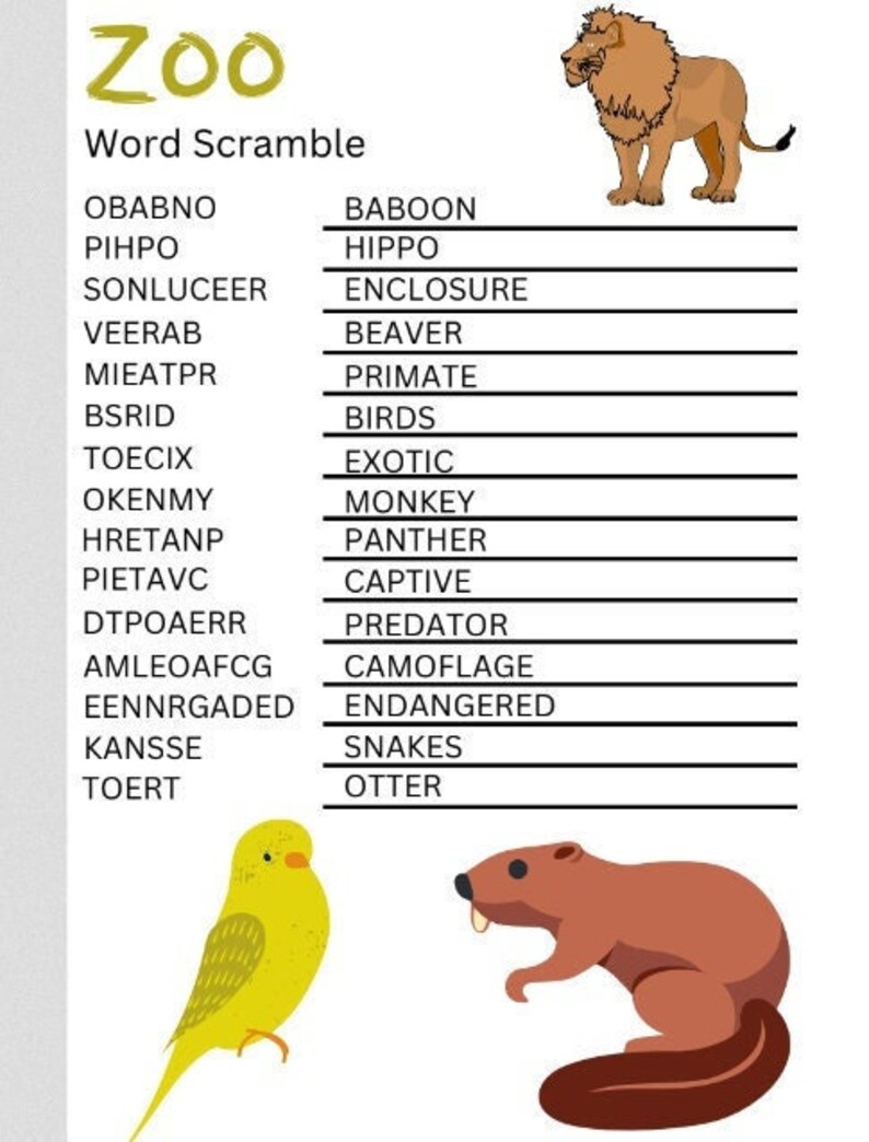 Zoo Word Scrambles and Word Searches, Printable Activities and Games - Etsy