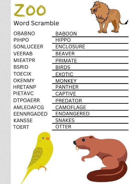Zoo Word Scrambles and Word Searches, Printable Activities and Games - Etsy