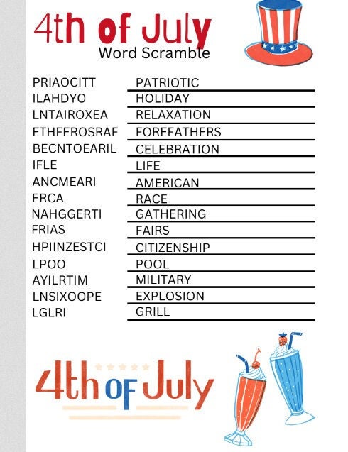 4th of July Word Scrambles and Word Searches, Printable Activities and ...
