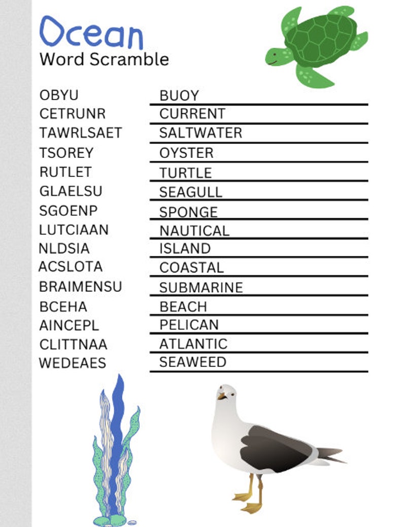 Ocean Word Scrambles and Word Searches, Printable Activities and Games ...