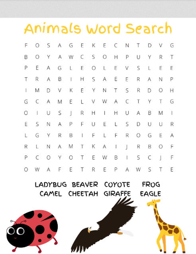 Animals Word Scrambles and Word Searches, Printable Activities and ...