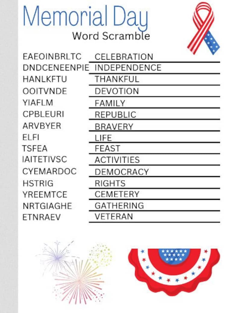 Memorial Day Word Scrambles and Word Searches, Printable Activities and ...