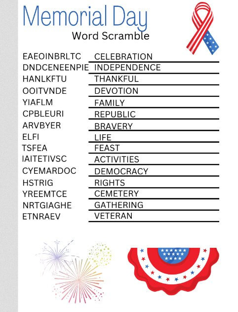 Memorial Day Word Scrambles and Word Searches, Printable Activities and ...