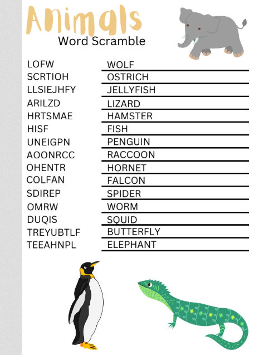 Animals Word Scrambles and Word Searches, Printable Activities and ...