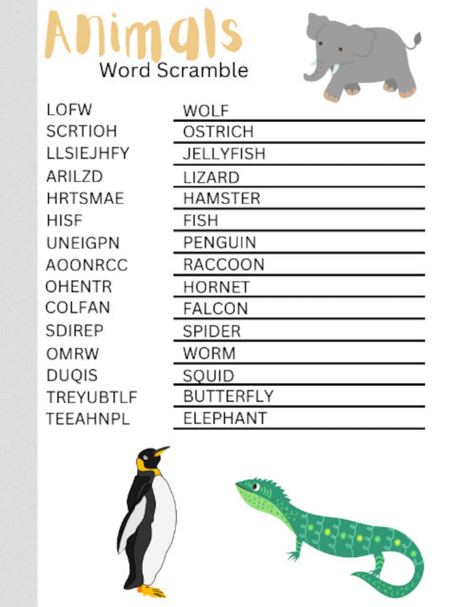 Animals Word Scrambles and Word Searches, Printable Activities and ...