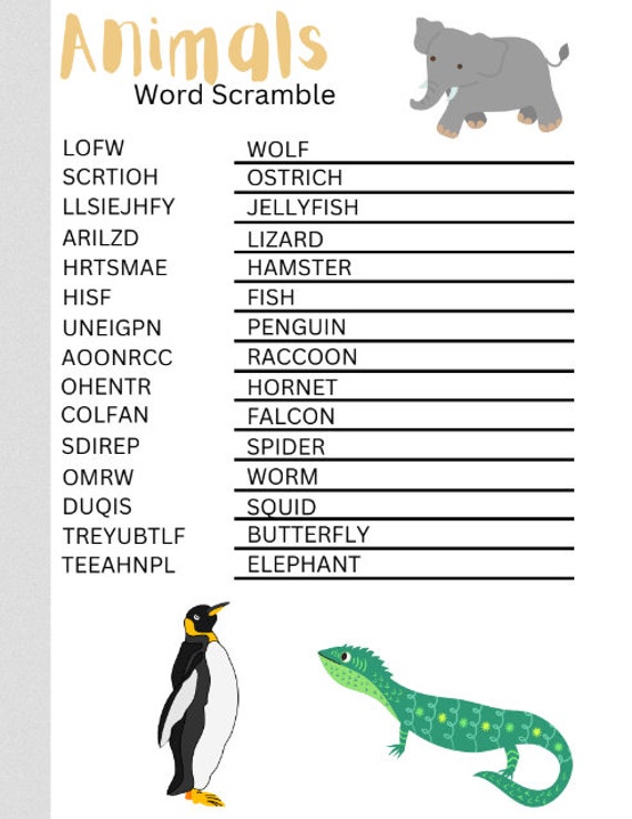 Jumbled Letters Animals Worksheet