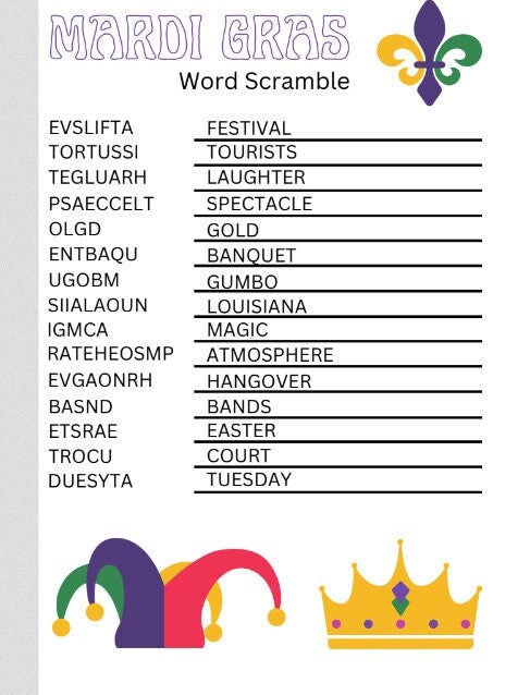 Mardi Gras Word Scrambles and Word Searches, Printable Activities and ...