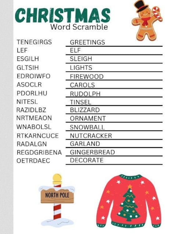 Hojas De Trabajo Imprimibles De Palabras Revueltas Navideñas
