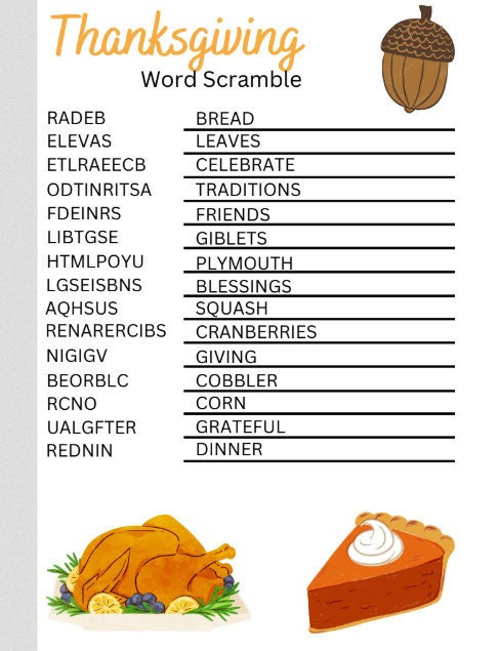 Thanksgiving Word Scrambles and Word Searches, Printable Activities and ...