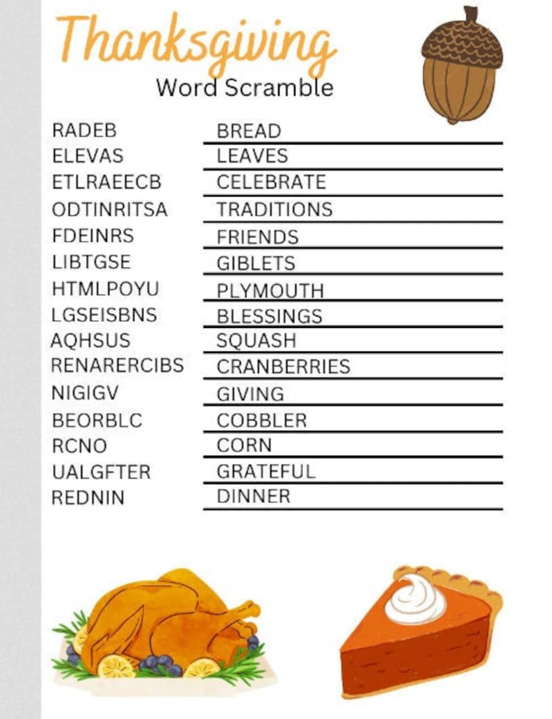 Thanksgiving Word Scrambles and Word Searches, Printable Activities and ...