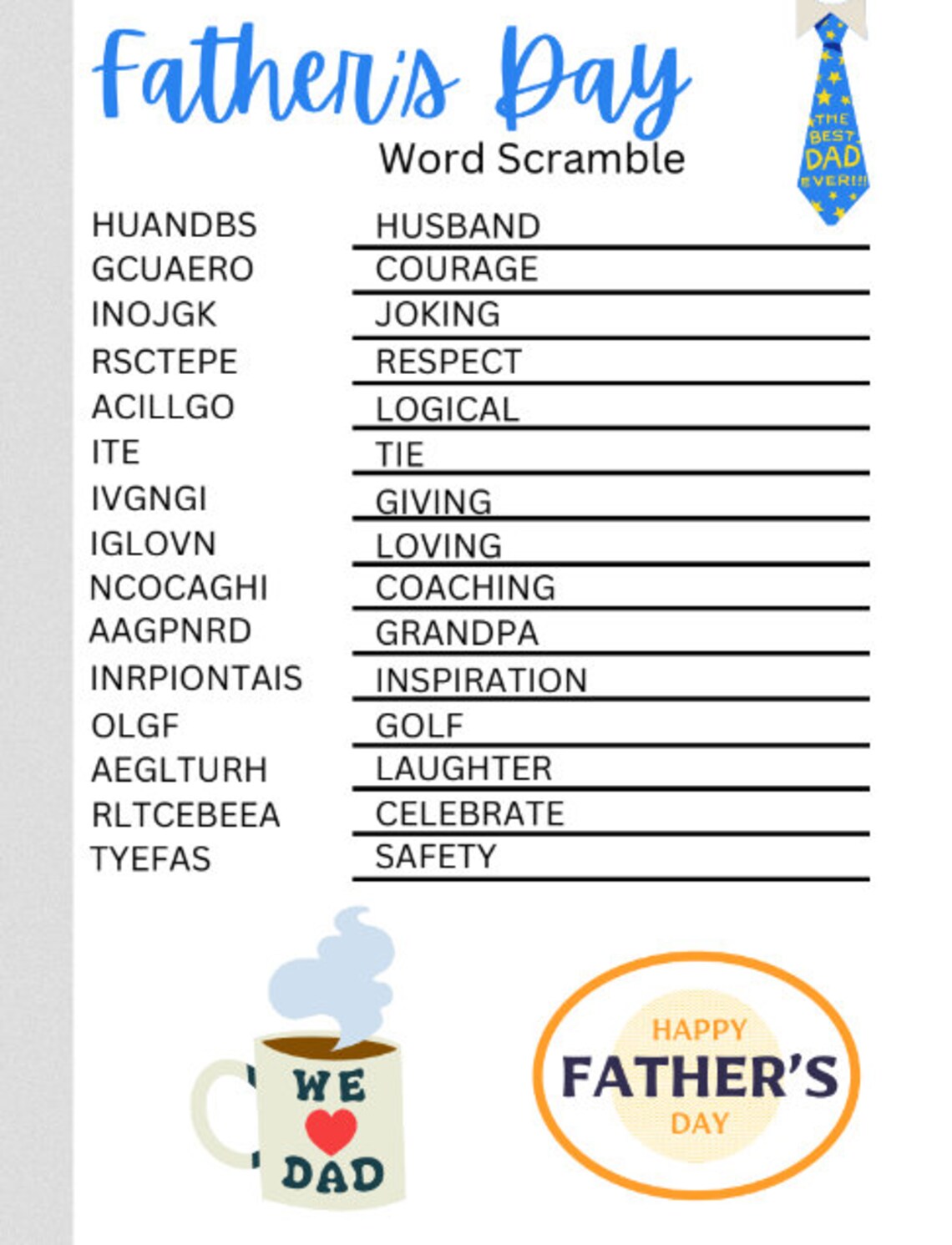 Father's Day Word Scrambles and Word Searches, Printable Activities and ...