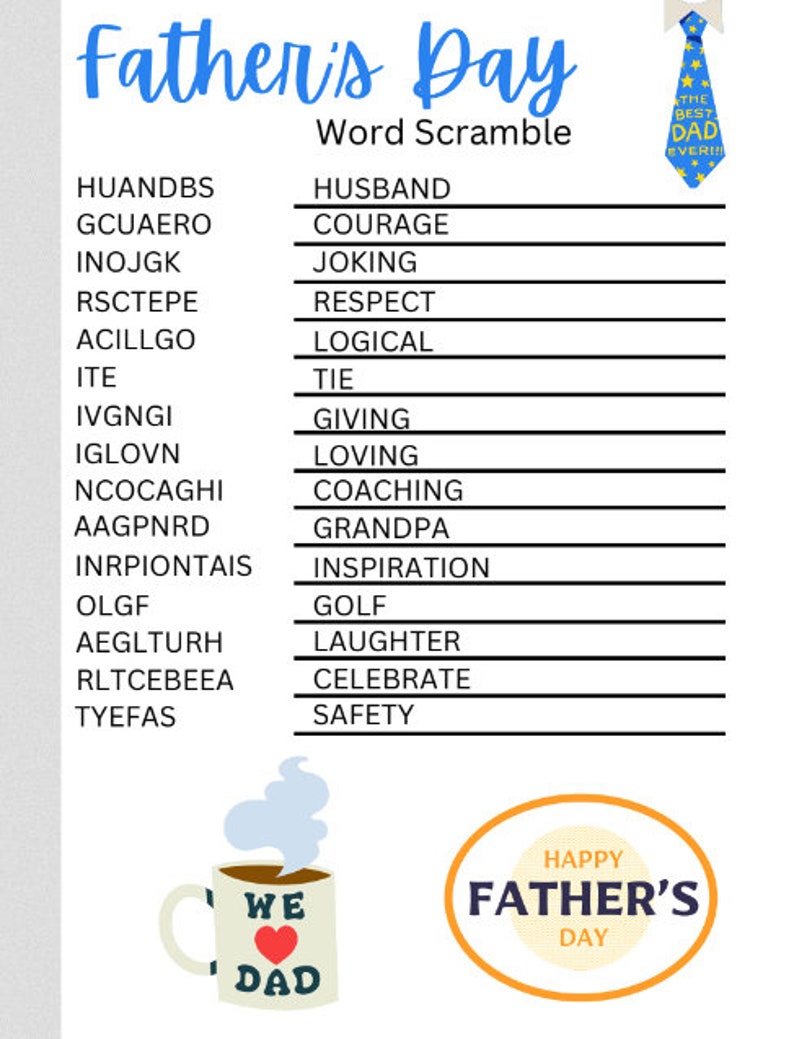 Father's Day Word Scrambles and Word Searches, Printable Activities and ...