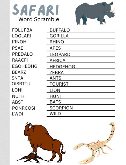Safari Word Scrambles and Word Searches, Printable Activities and Games ...