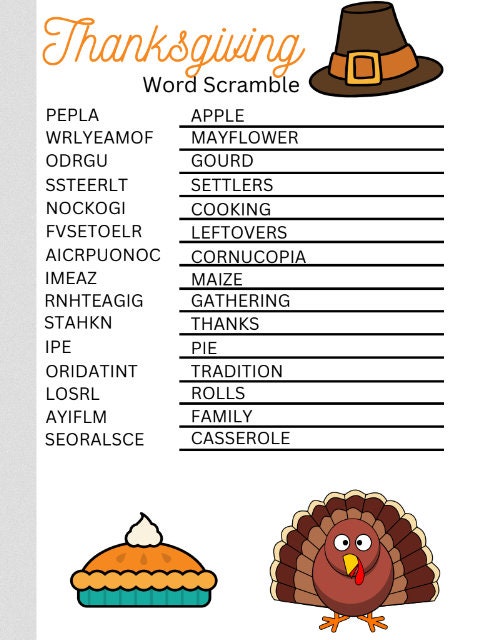 Thanksgiving Word Scrambles and Word Searches, Printable Activities and ...