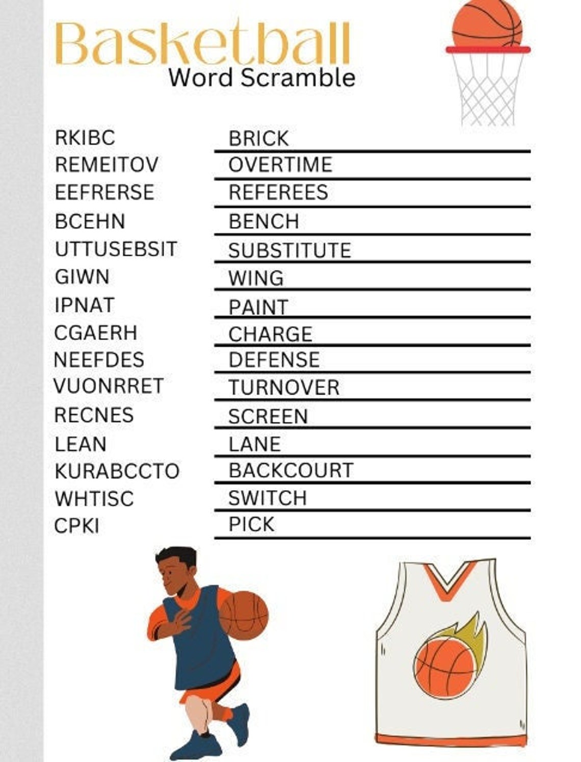 Basketball Word Scrambles and Word Searches, Printable Activities and ...