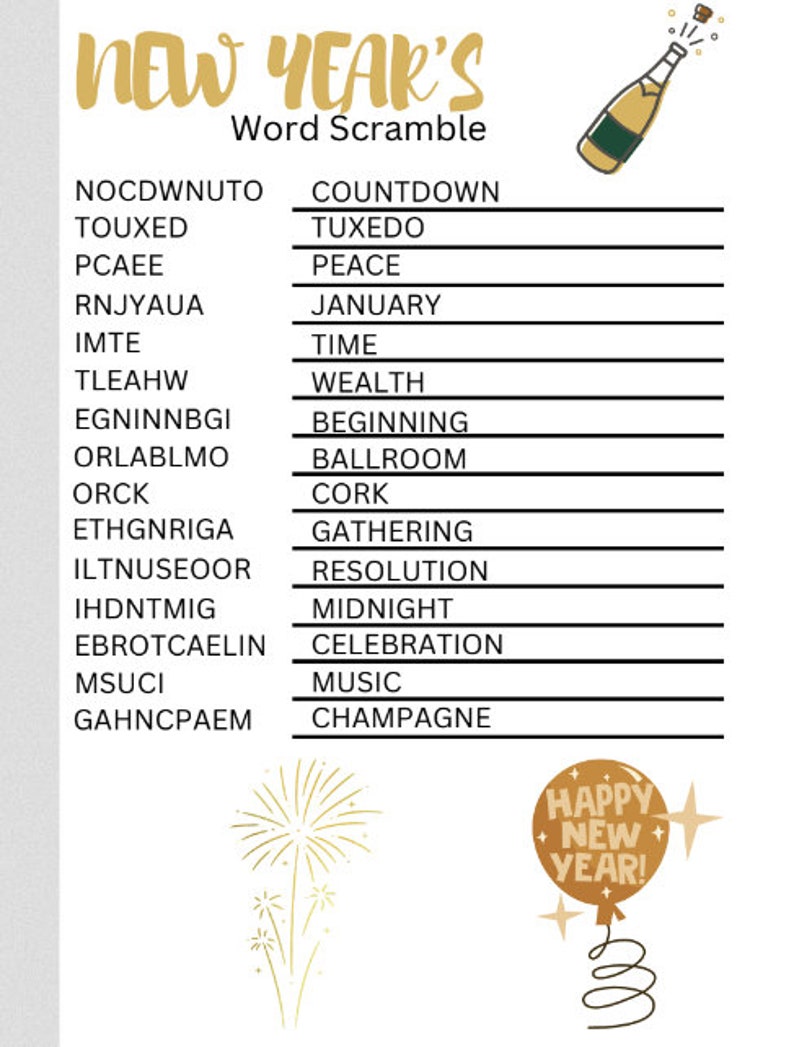 New Year's Word Scrambles and Word Searches, Printable Activities and ...