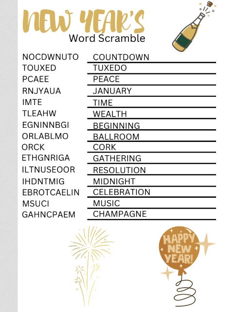 New Year's Word Scrambles and Word Searches, Printable Activities and ...