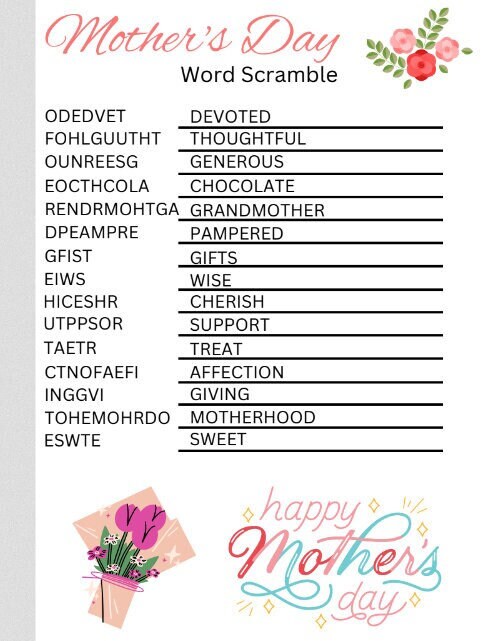 Mother's Day Word Scrambles and Word Searches, Printable Activities and ...