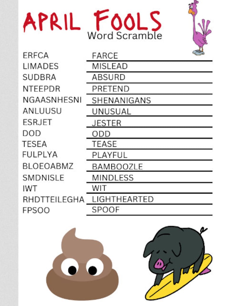 April Fools Day Word Scrambles and Word Searches, Printable Activities ...