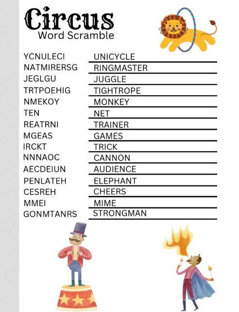 Circus Word Scrambles and Word Searches, Printable Activities and Games ...