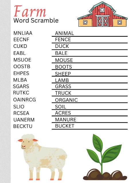 Farm Word Scrambles and Word Searches, Printable Activities and Games ...