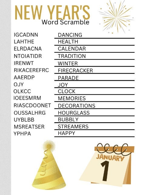 New Year's Word Scrambles and Word Searches, Printable Activities and ...