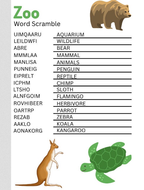 Zoo Word Scrambles and Word Searches, Printable Activities and Games - Etsy