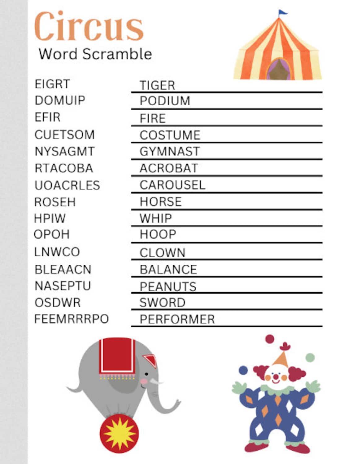 Circus Word Scrambles and Word Searches, Printable Activities and Games - Etsy