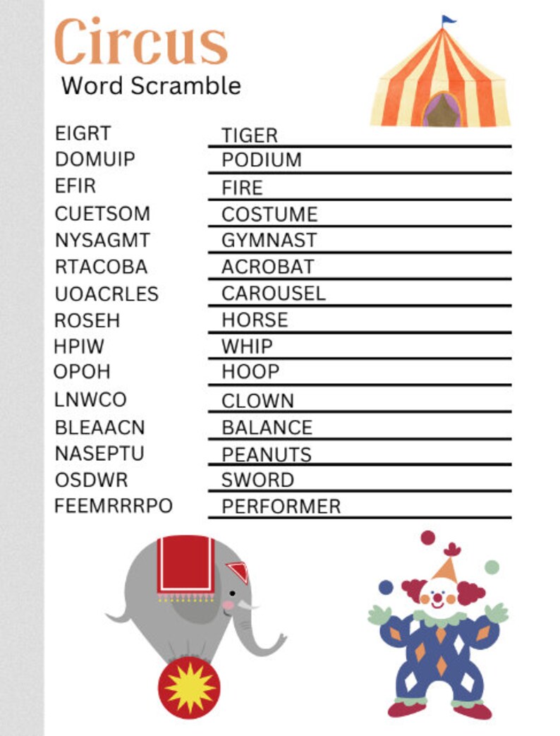 Circus Word Scrambles and Word Searches, Printable Activities and Games - Etsy