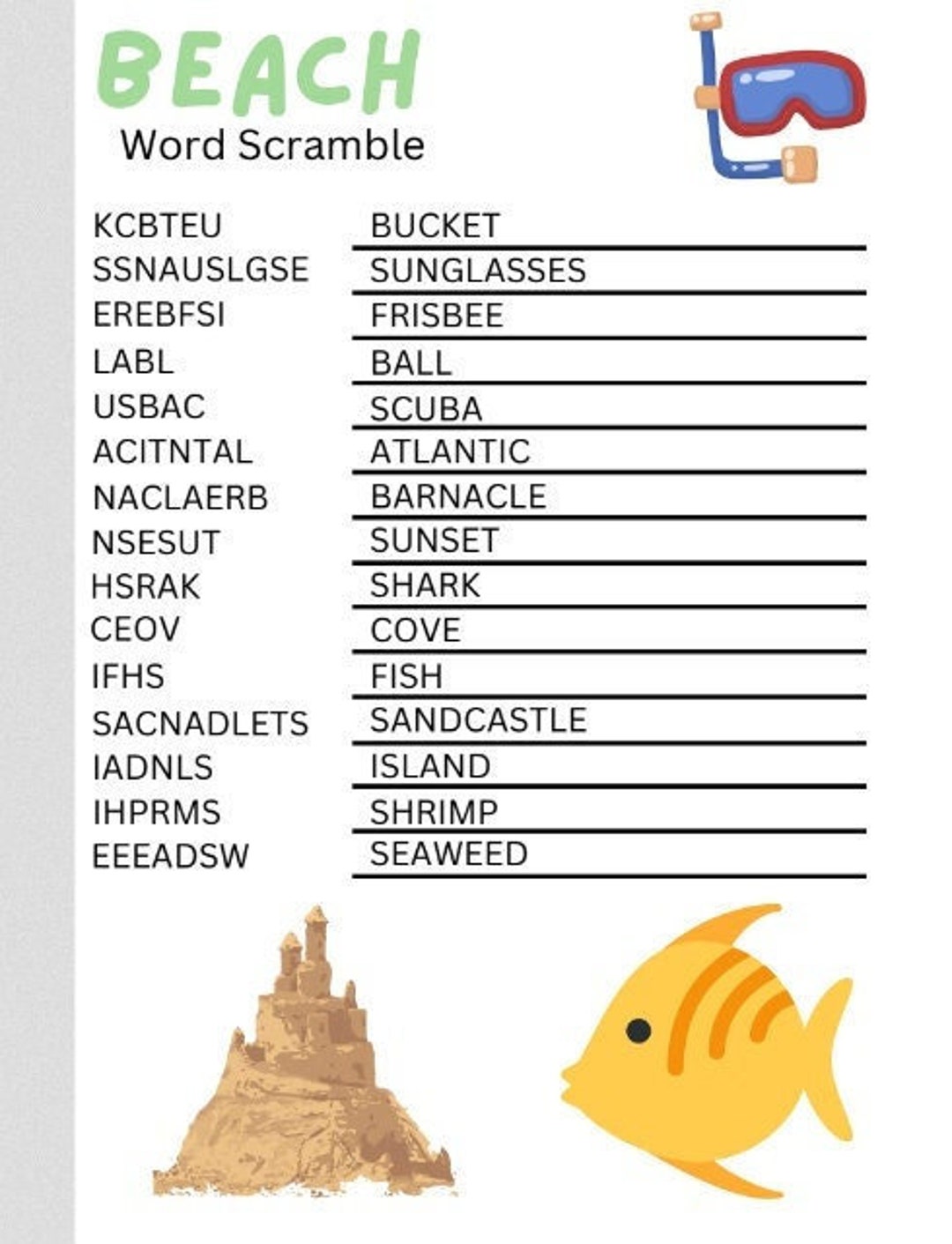 Beach Word Scrambles and Word Searches, Printable Activities and Games ...