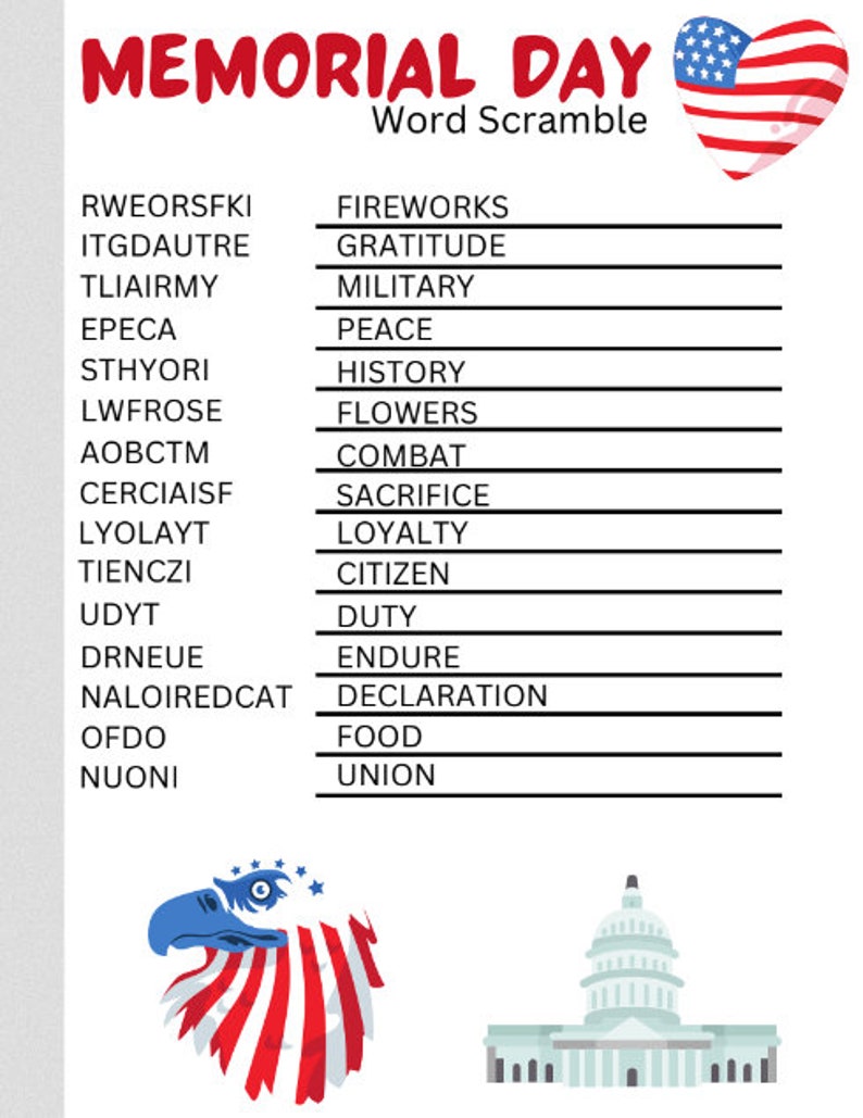 Memorial Day Word Scrambles and Word Searches, Printable Activities and ...