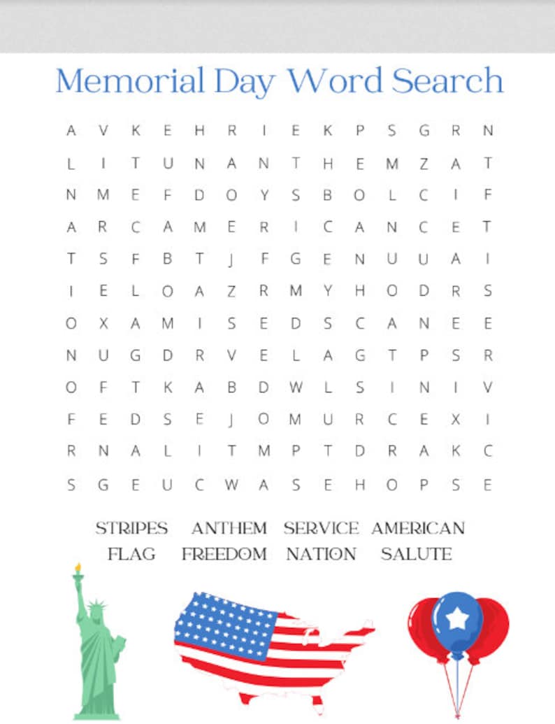 Memorial Day Word Scrambles and Word Searches, Printable Activities and ...