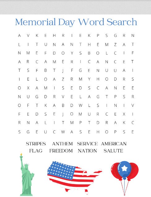 Memorial Day Word Scrambles and Word Searches, Printable Activities and ...