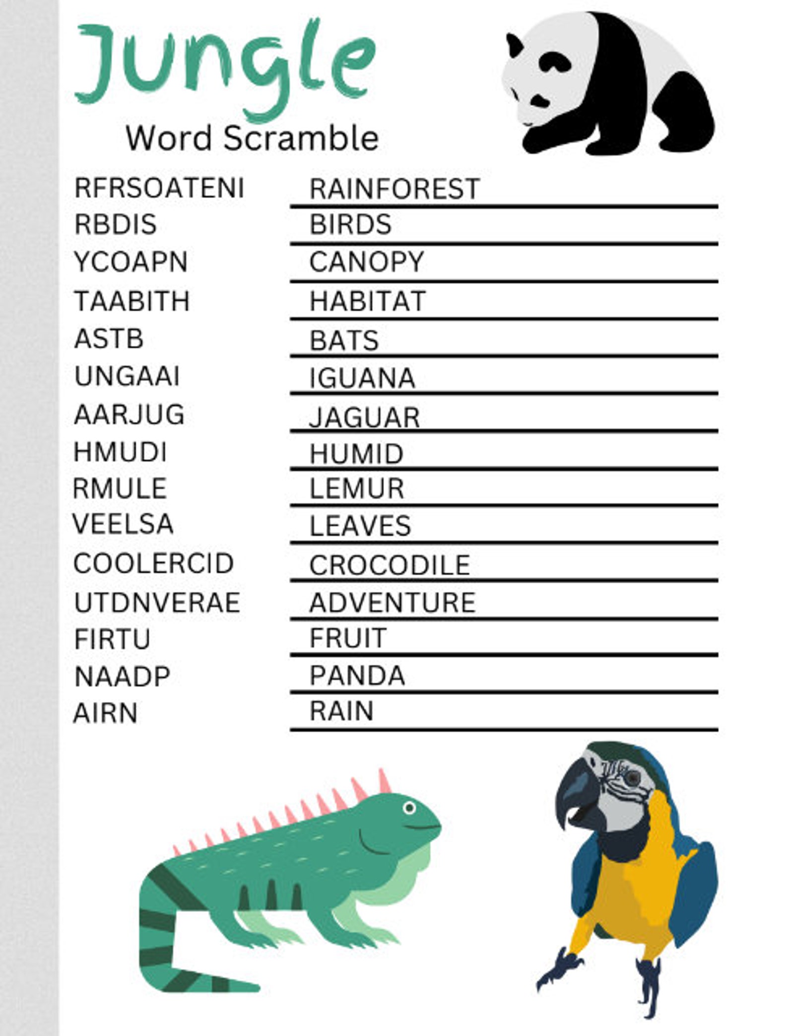 Jungle Word Scrambles and Word Searches, Printable Activities and Games ...