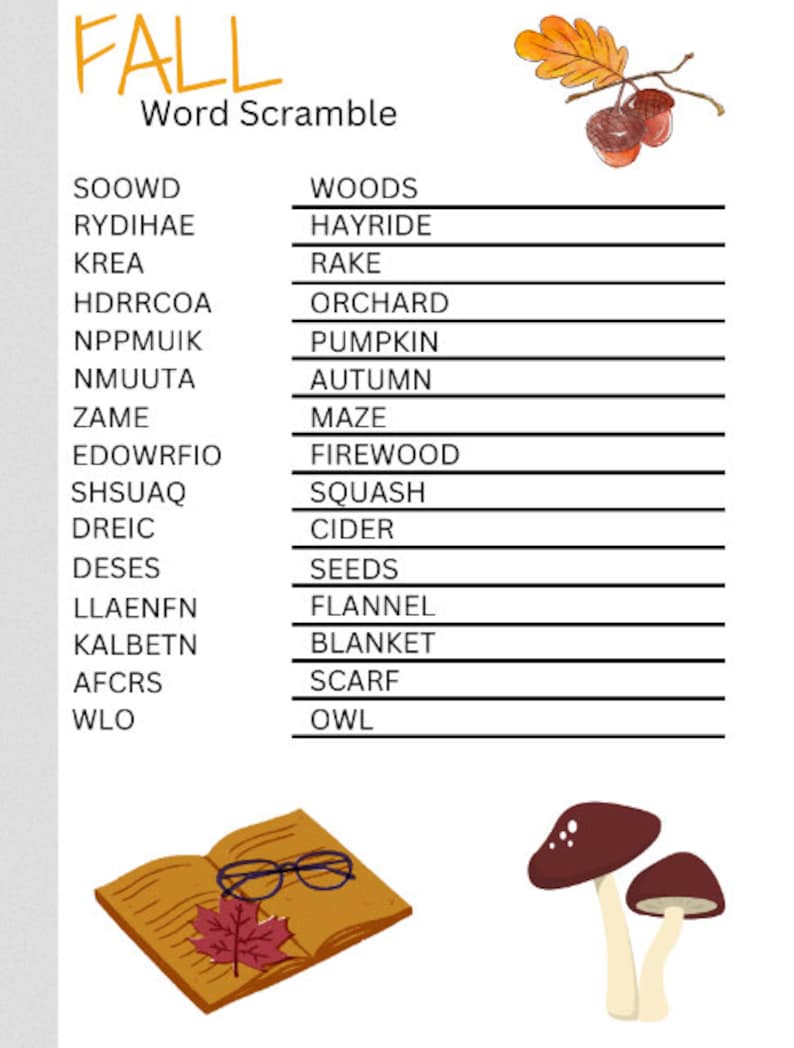 Fall Word Scrambles and Word Searches, Printable Activities and Games ...