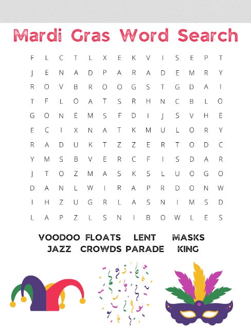 Mardi Gras Word Scrambles and Word Searches, Printable Activities and ...