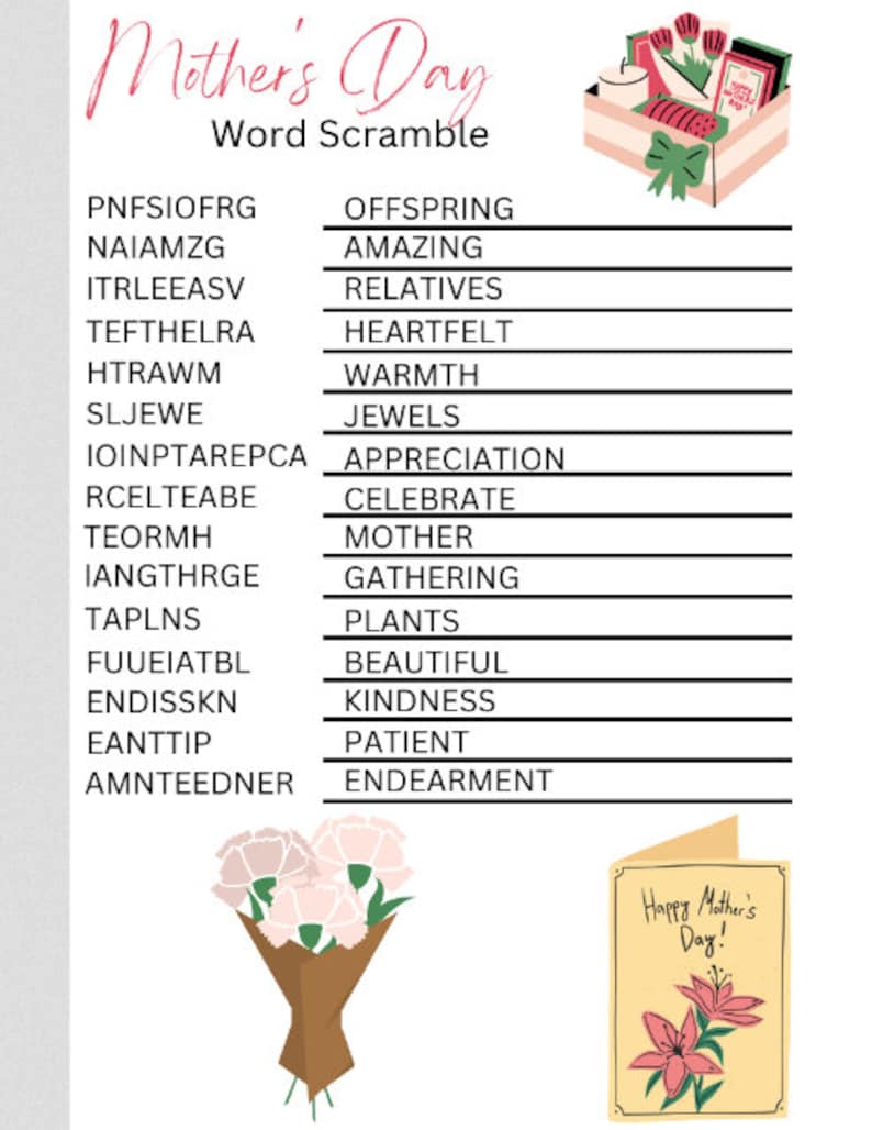 Mother's Day Word Scrambles and Word Searches, Printable Activities and ...
