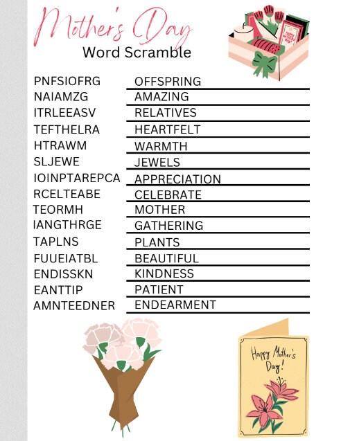 Mother's Day Word Scrambles and Word Searches, Printable Activities and ...