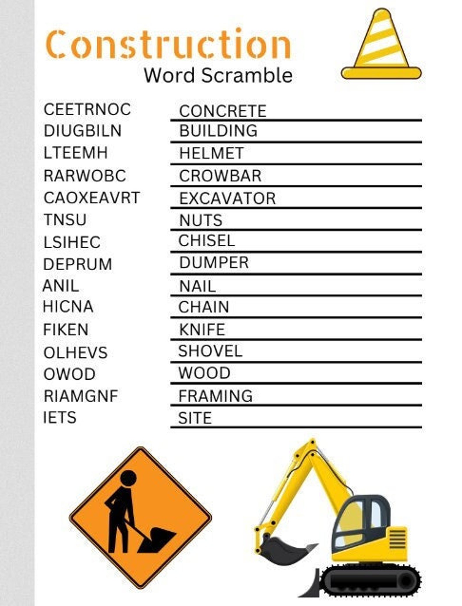 Construction Word Scrambles and Word Searches, Printable Activities and ...