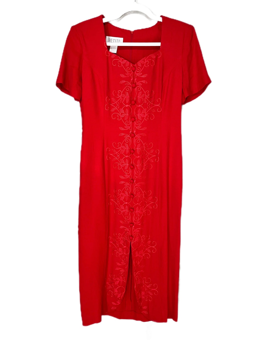 Vintage 90s Red Dress With Floral Embroidery, Free Shipping - Etsy