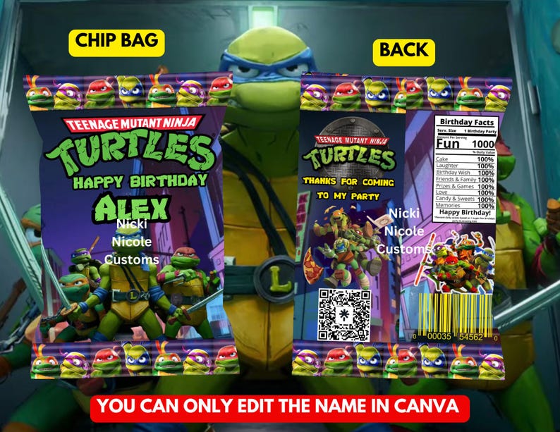 Party Favor Turtles Chip Bag Template - Etsy