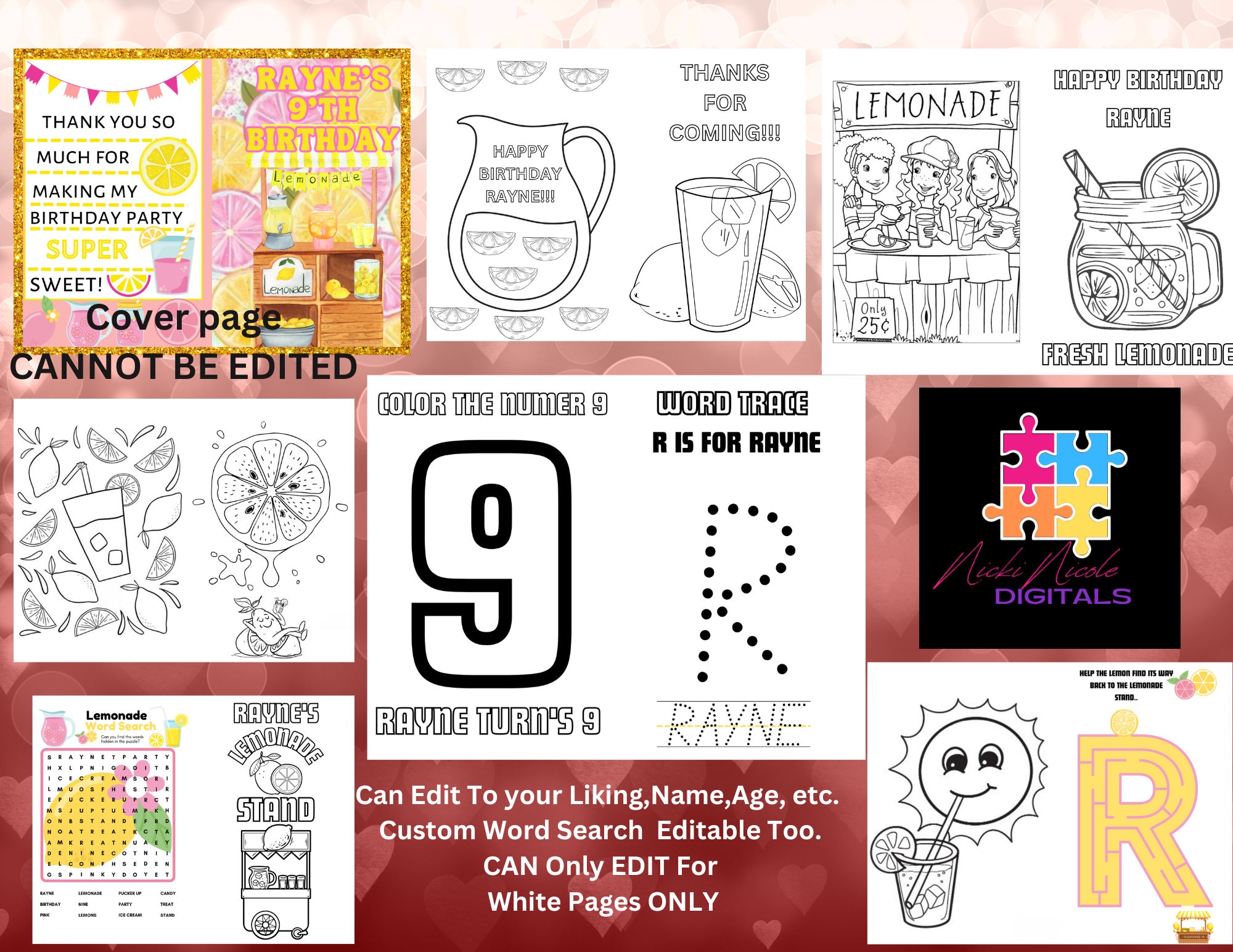Editable Pink Lemonade Coloring Book - Etsy