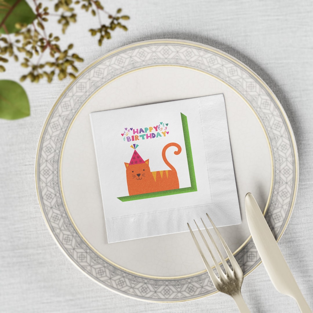 Happy Birthday Kitty Cat Themed White Coined Napkins Home Party ...