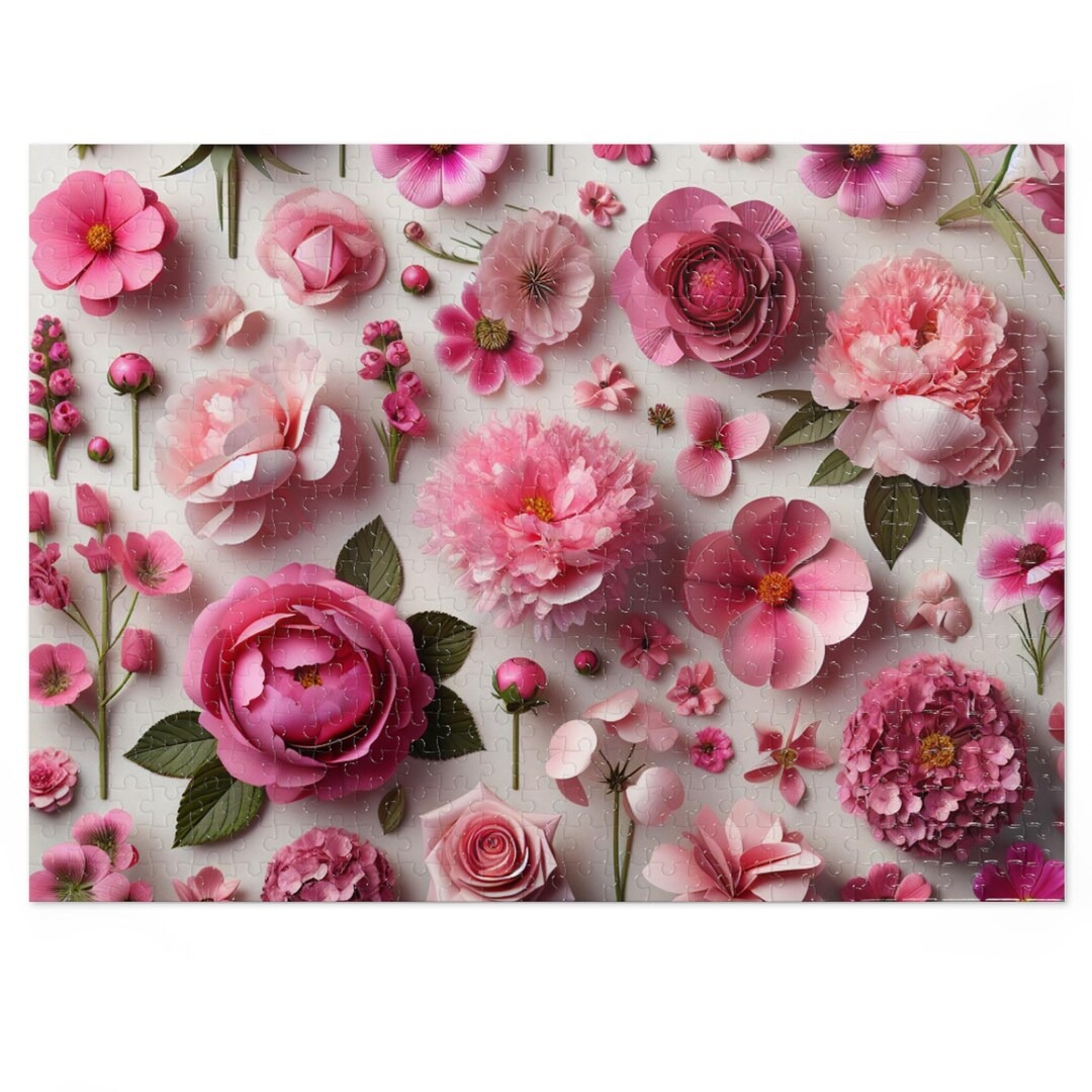 Floral Jigsaw Puzzle, Pink Peonies Roses Cosmos Snapdragons Hydrangeas ...