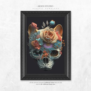 Wall Art Floral Skull Cat - Ai Generated Art - Etsy