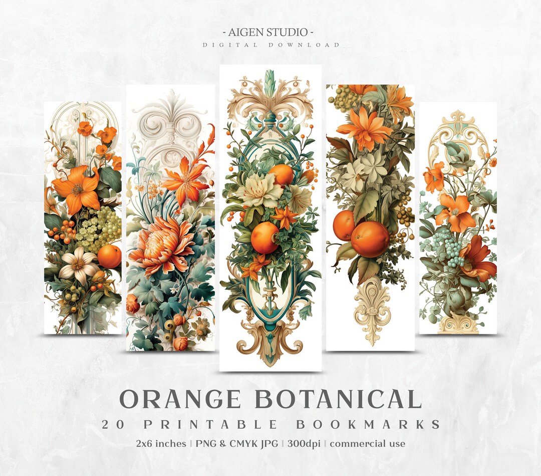 20 Orange Botanical Bookmark Designs Printable Bookmarks Digital ...